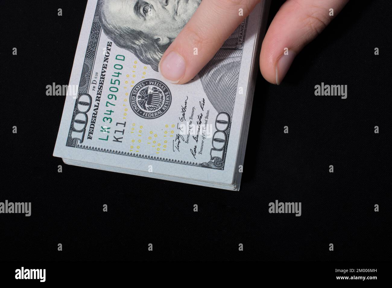 Hand holding American dollar banknotes isolated on white background ...