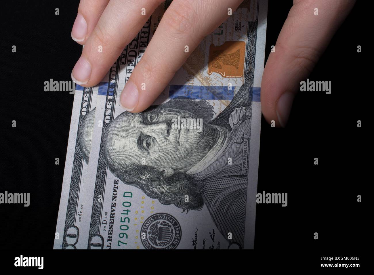 Hand holding American dollar banknotes isolated on white background ...