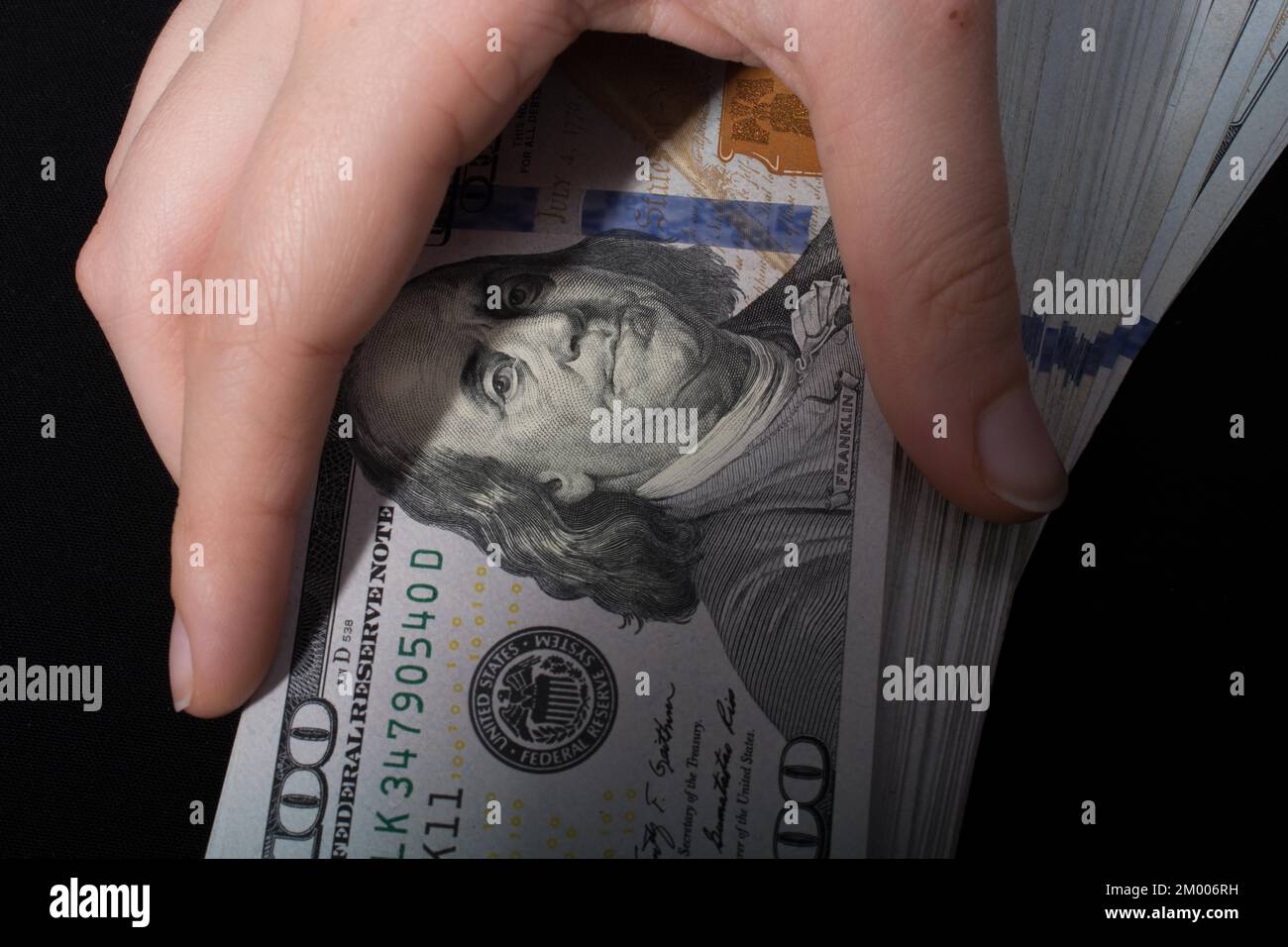 Hand holding American dollar banknotes isolated on white background ...