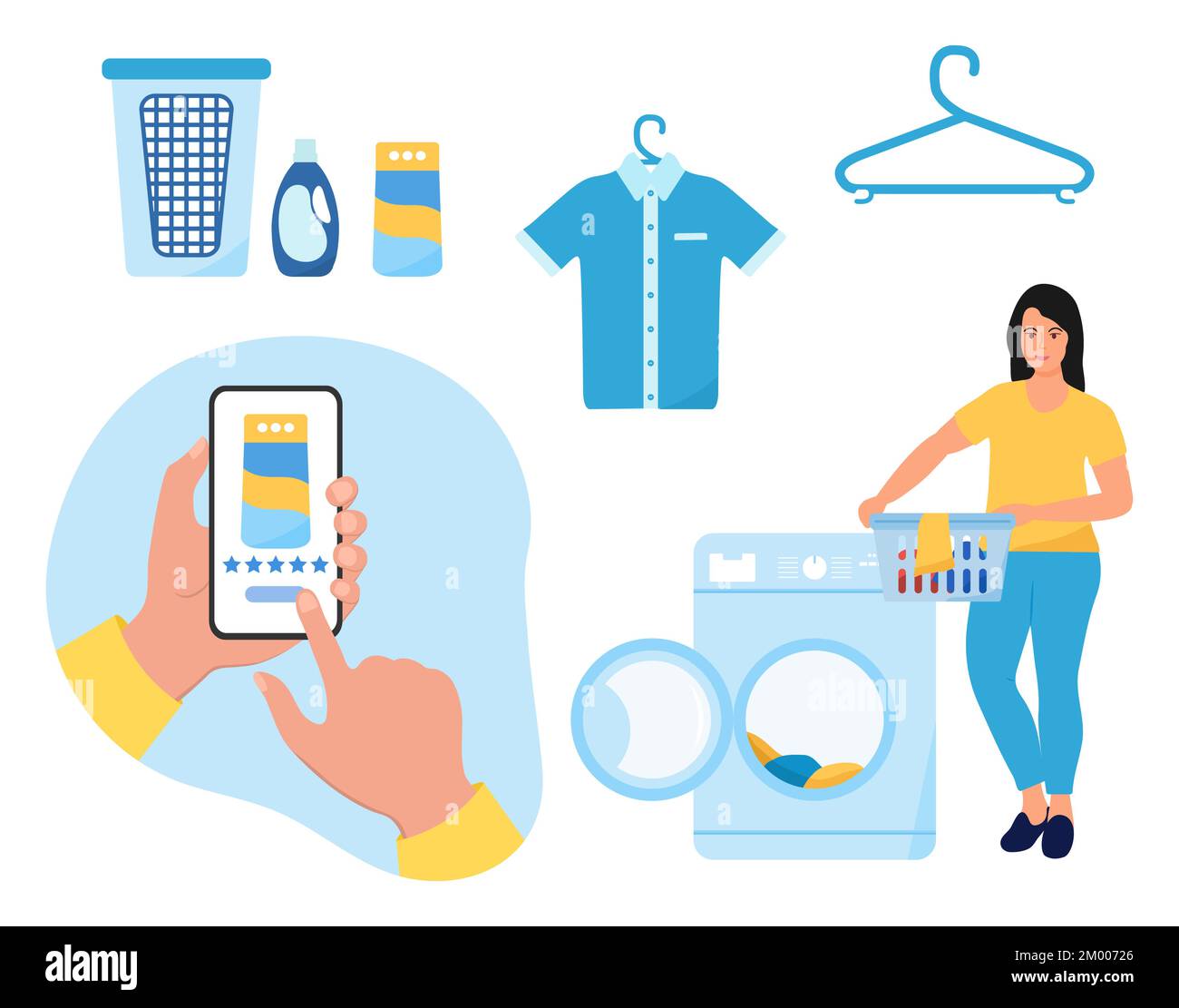 Vector illustration Buying washing powder online via the Internet. Сell ...