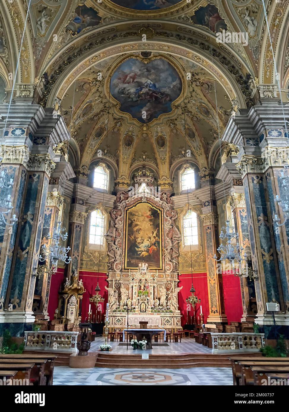 View from interior central nave nave above ceiling fresco on apse with ...