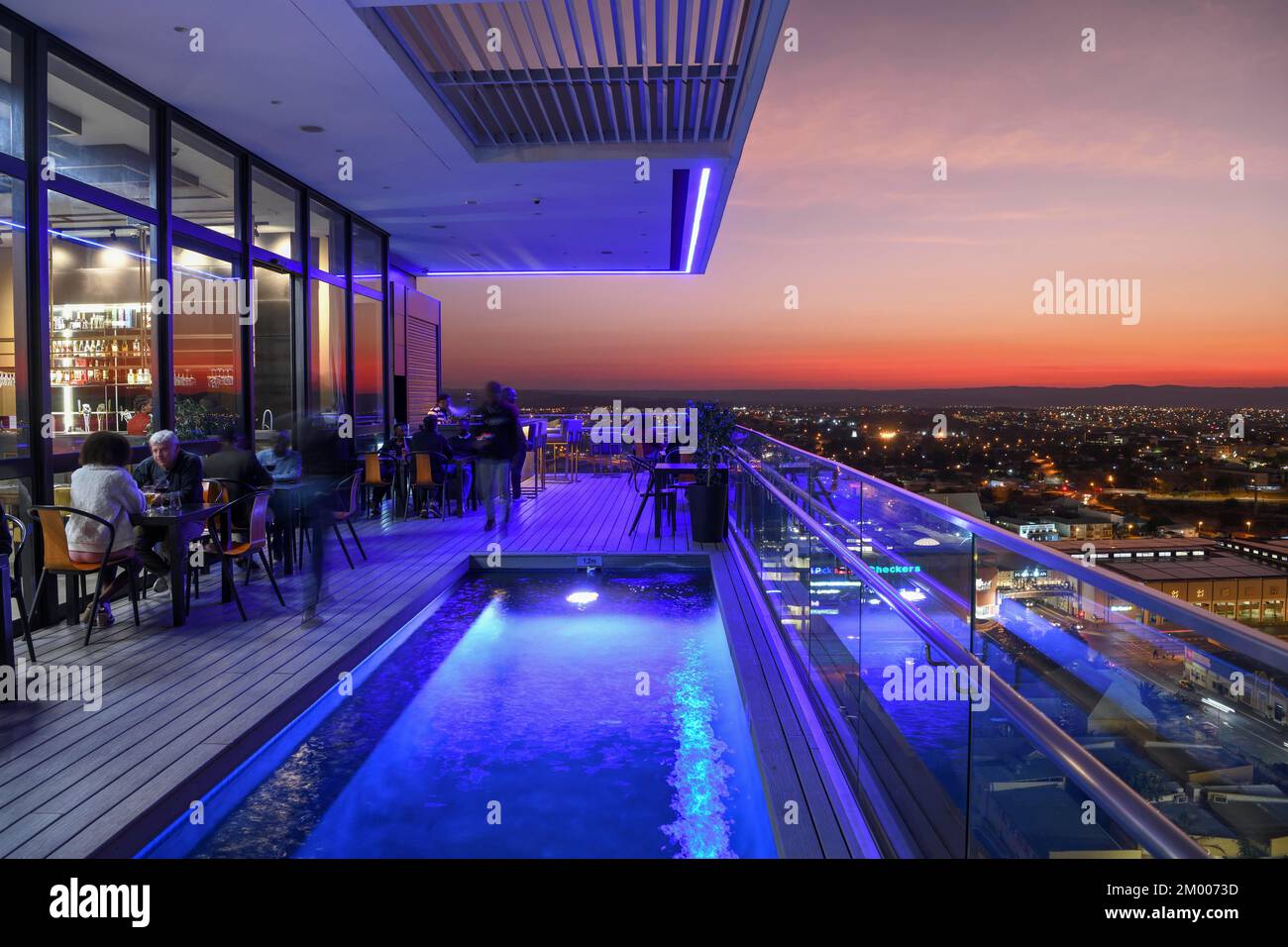 Rooftop bar of the Avani Hotel, blue hour, blue hour, Windhoek, Namibia ...