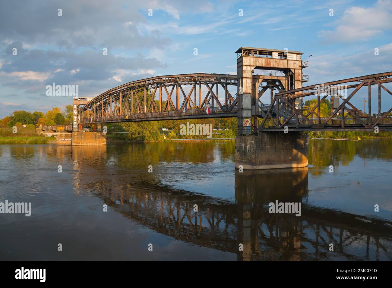 Historic lift bridge over the Elbe, pedestrian bridge, then railway ...