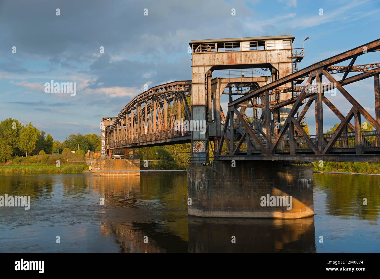 Historic lift bridge over the Elbe, pedestrian bridge, then railway ...