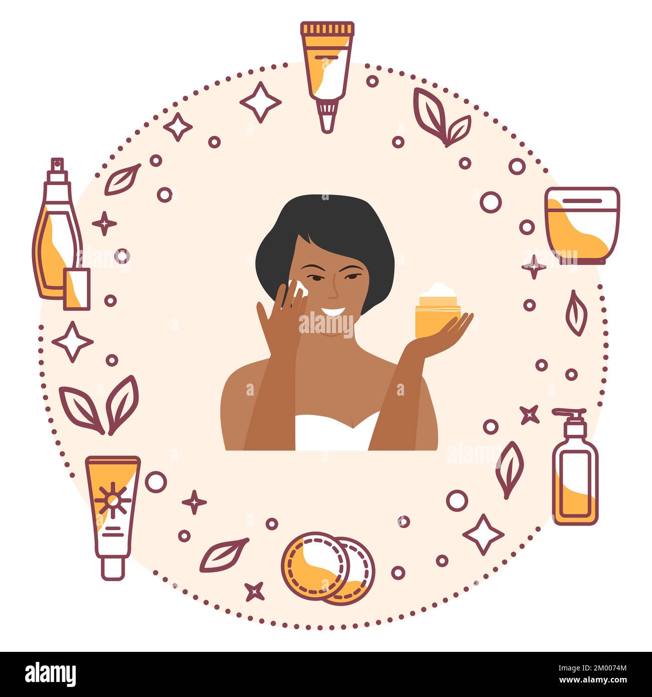 Vector illustration Cosmetic products ad, skin care ad. Woman applying ...