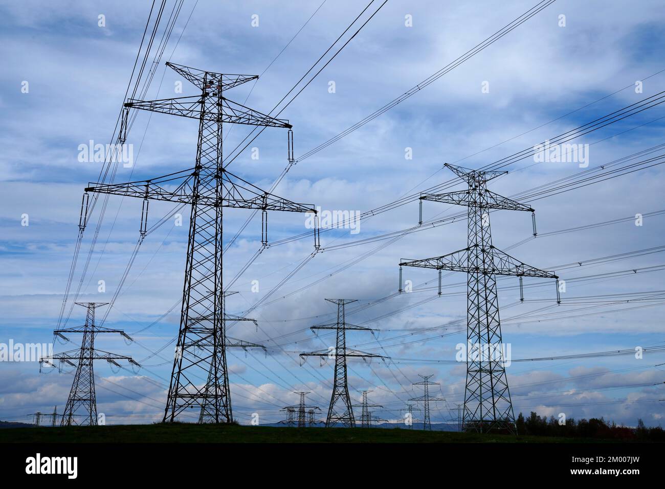 Power line, symbolic image, energy crisis, overhead lines, Kadan, Czech ...
