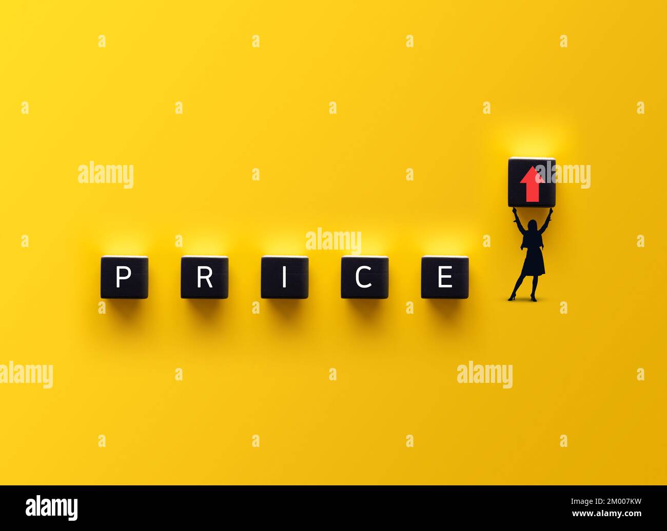 Price level symbol. A wooden cube with up icon. Wooden block with the ...