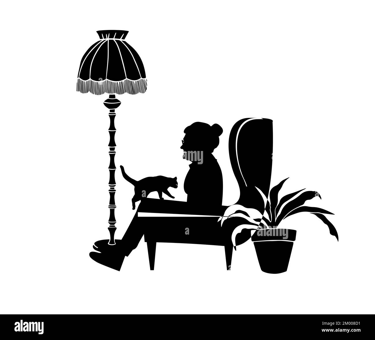 Senior woman with pets. Grandmother sits in a chair with a cat ...