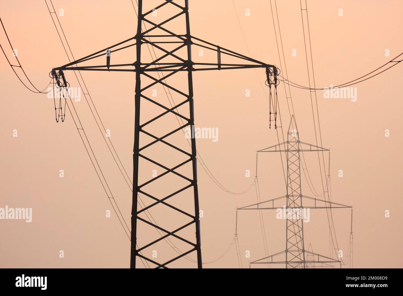 Silhouettes of high-voltage power line pylons are shrouded in fog in ...