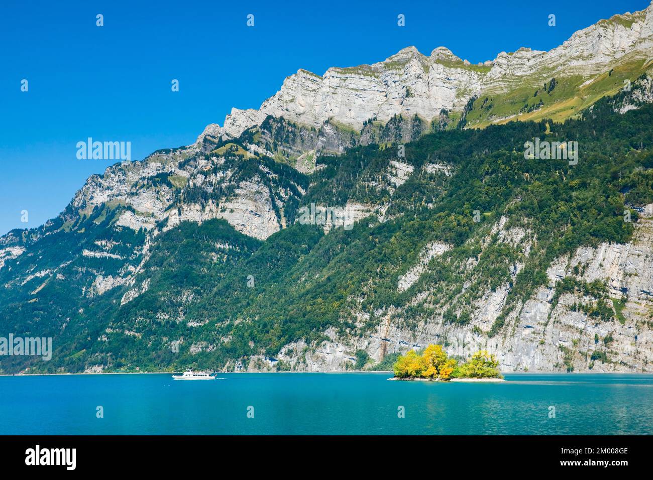 Course boat on the turquoise waters of Lake Walen at the foot of the ...