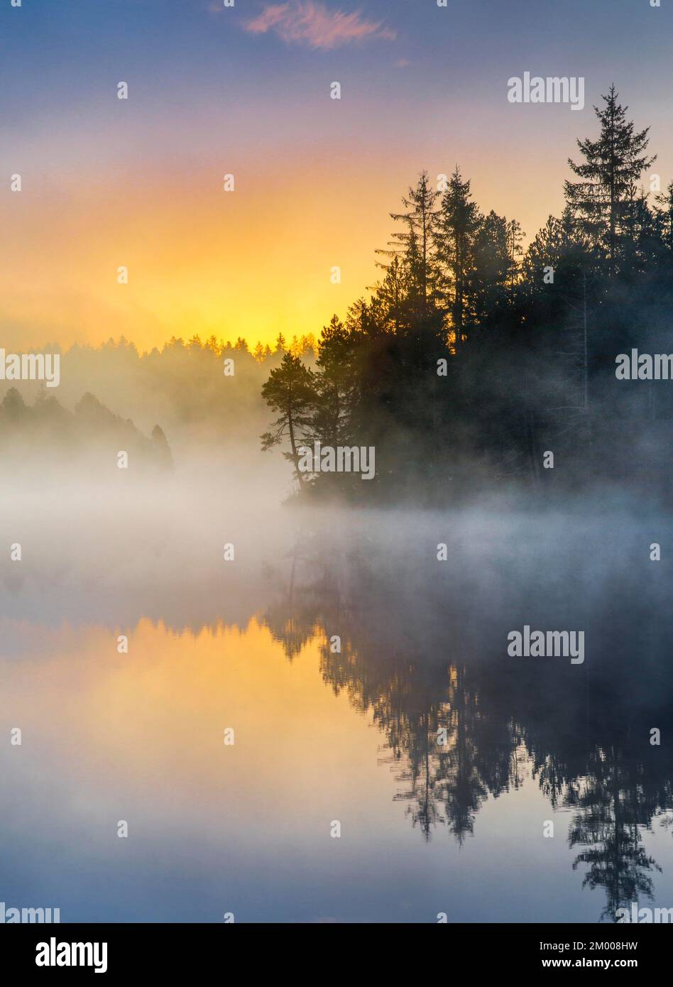 Atmospheric sunrise with wafts of mist over the mirror-smooth moorland ...