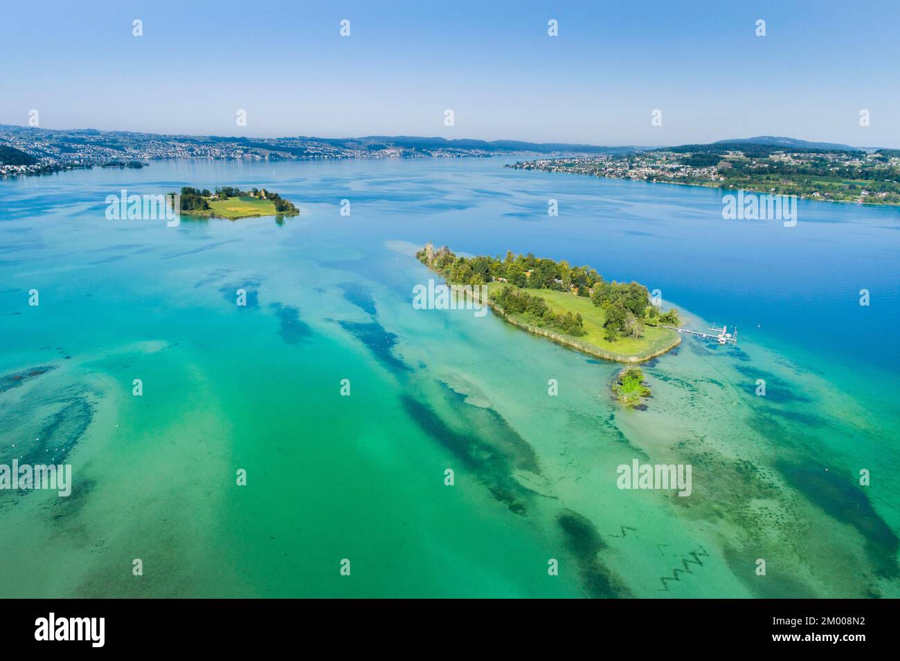 Aerial view of Ufenau Island and Lützelau Island in Lake Zurich, Canton ...