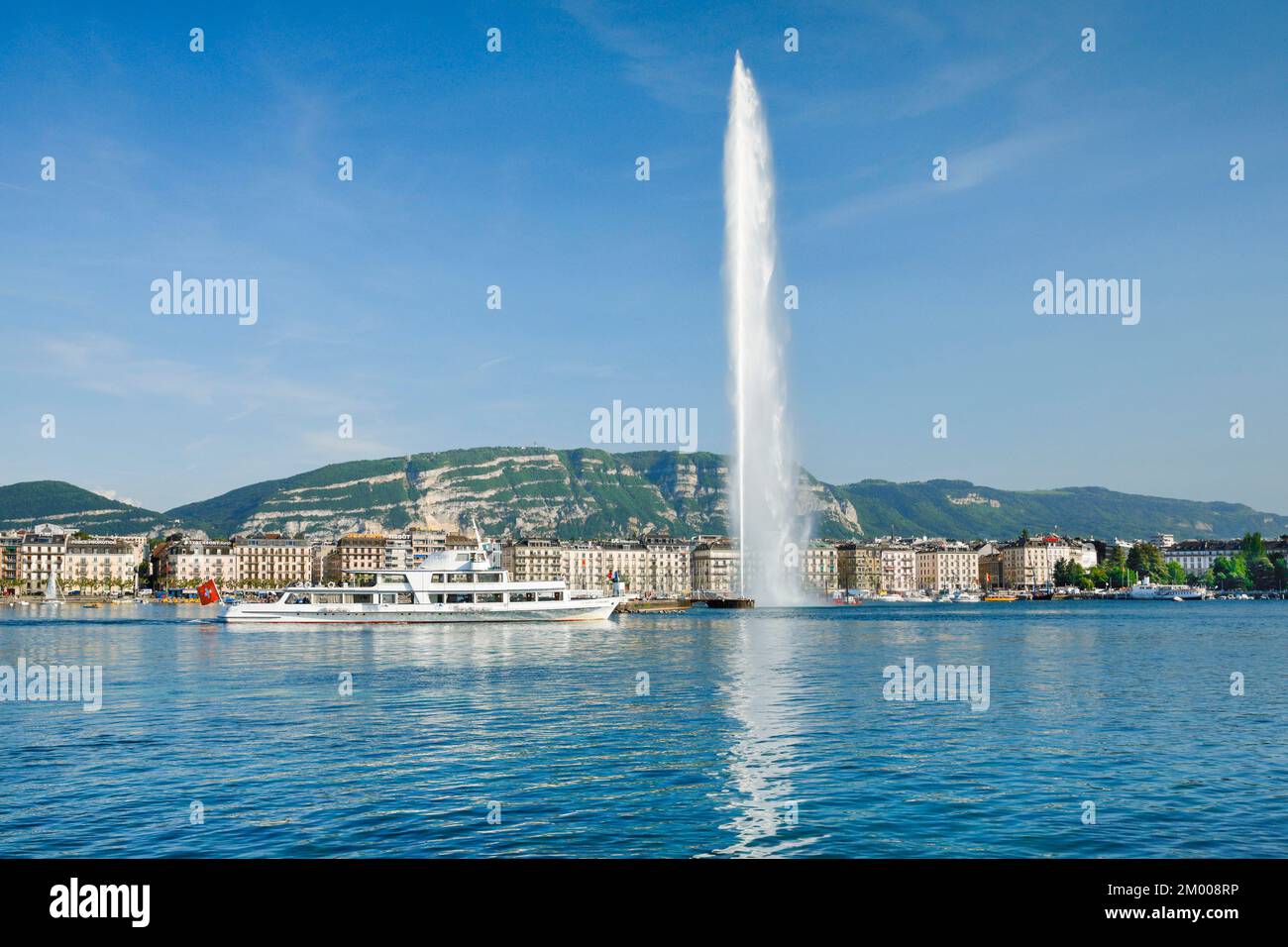 Large spa ship and the Jet d'eau, the landmark in the Lake Geneva basin, Canton Geneva ...