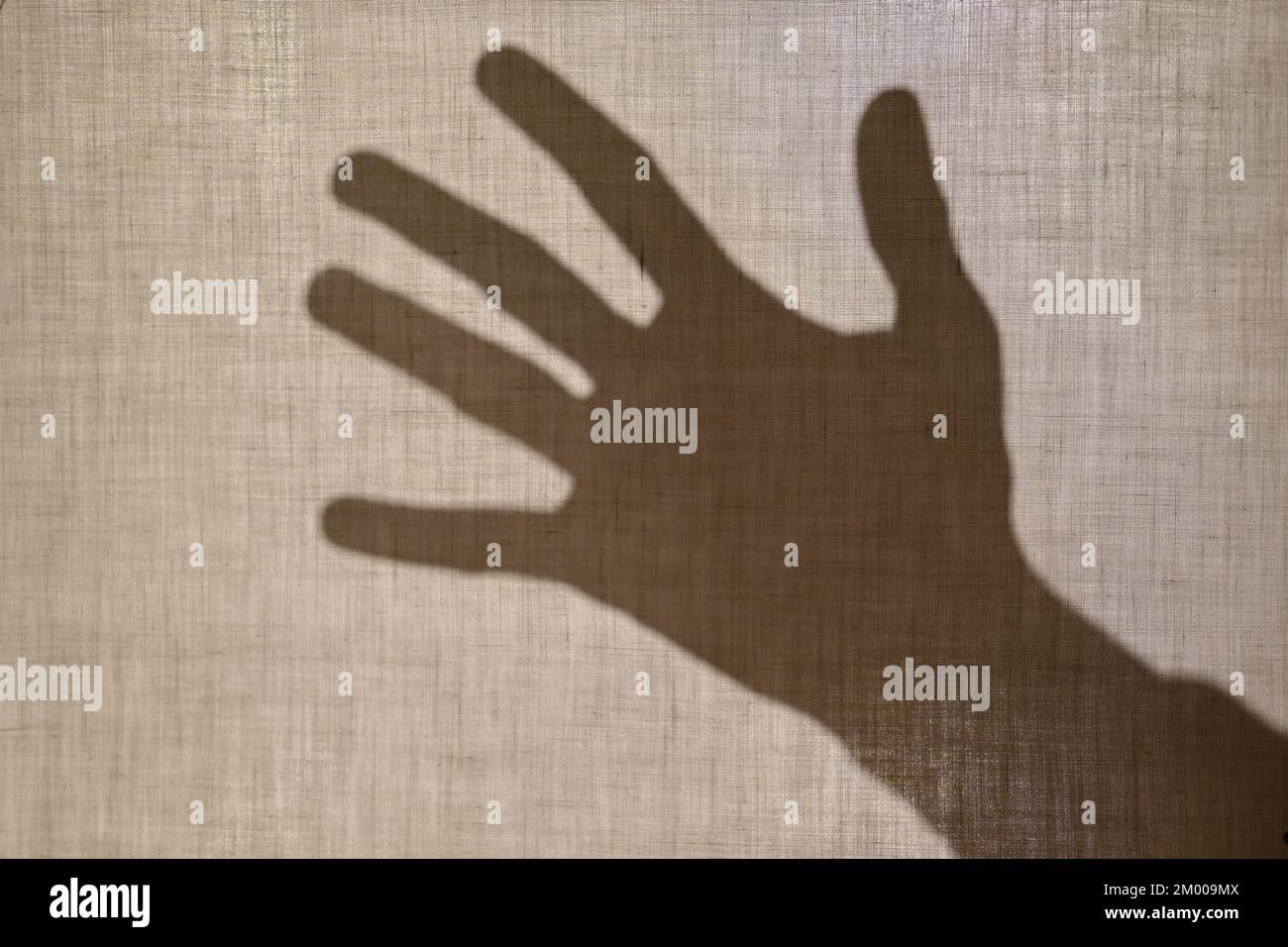 Abstract background. Silhouette, shadow of an open hand behind a cotton ...