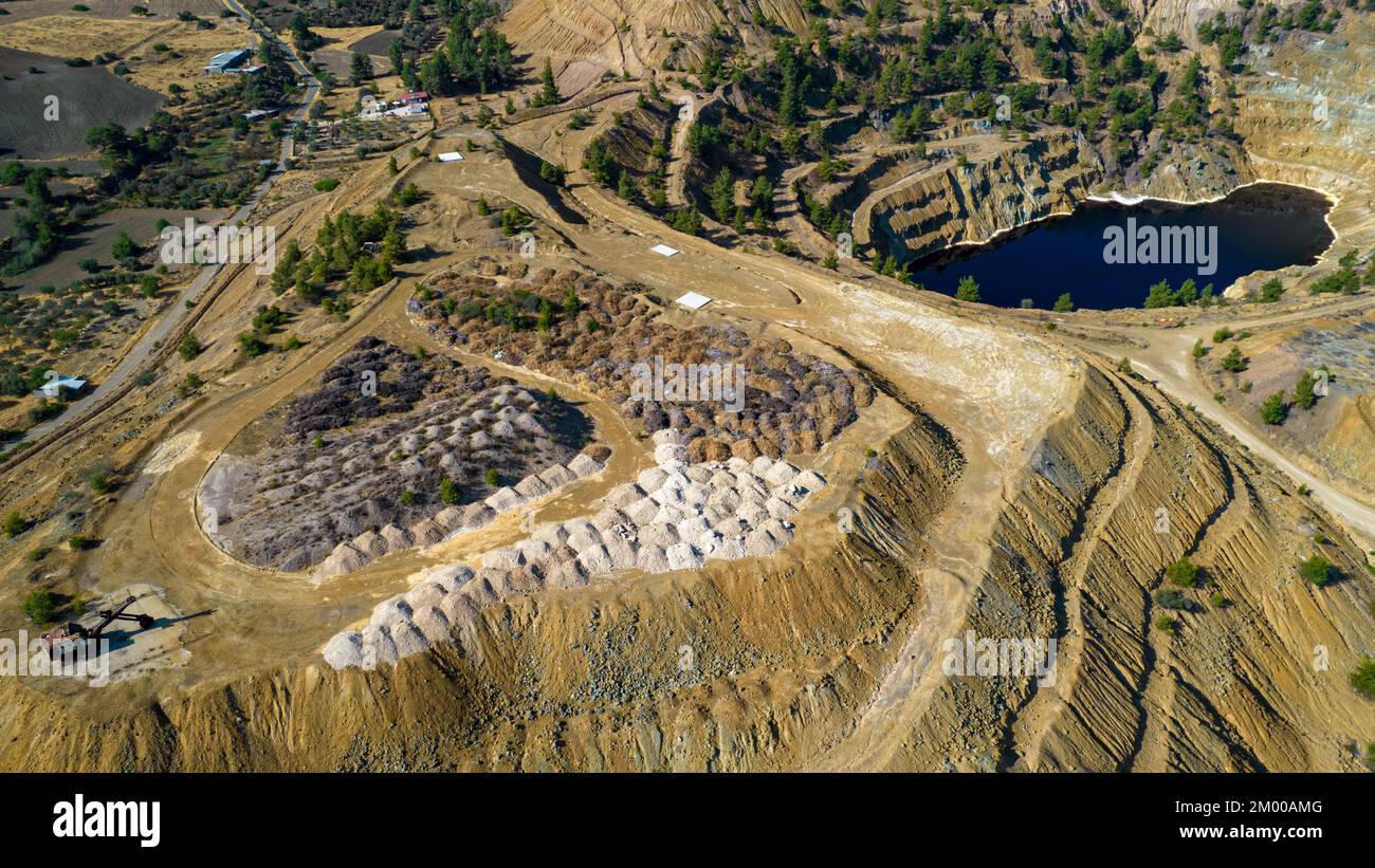 Drone aerial of abandoned copper mine with red toxic water ...