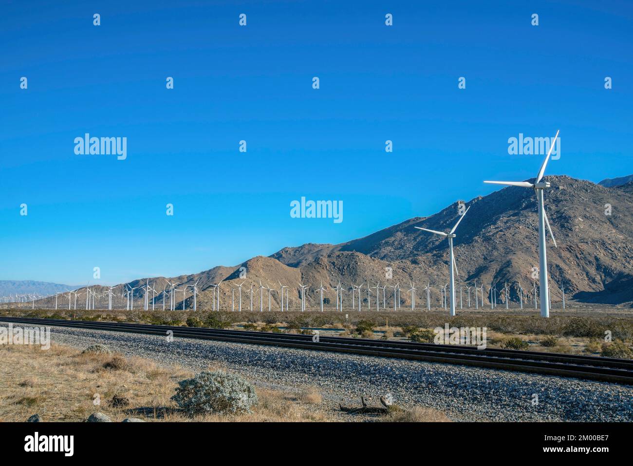 Panoramic view of windmills or windpumps along railroad on a sunny day ...