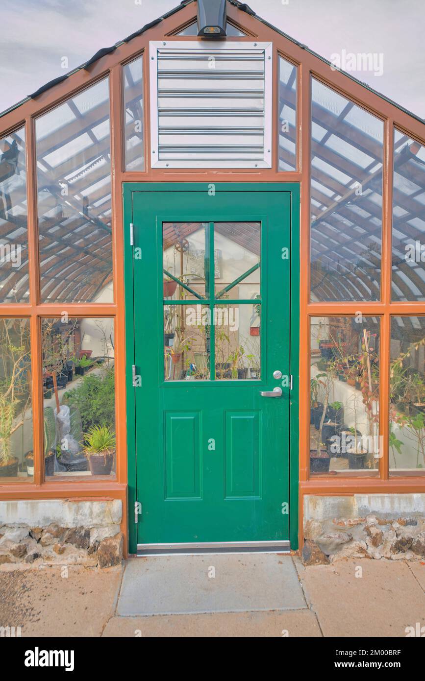 Green front door with glass panel of a greenhouse with a view of potted ...