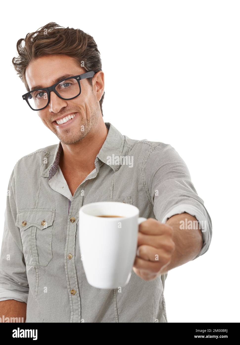 This. Portrait of a handsome young man offering you a cup of coffee ...