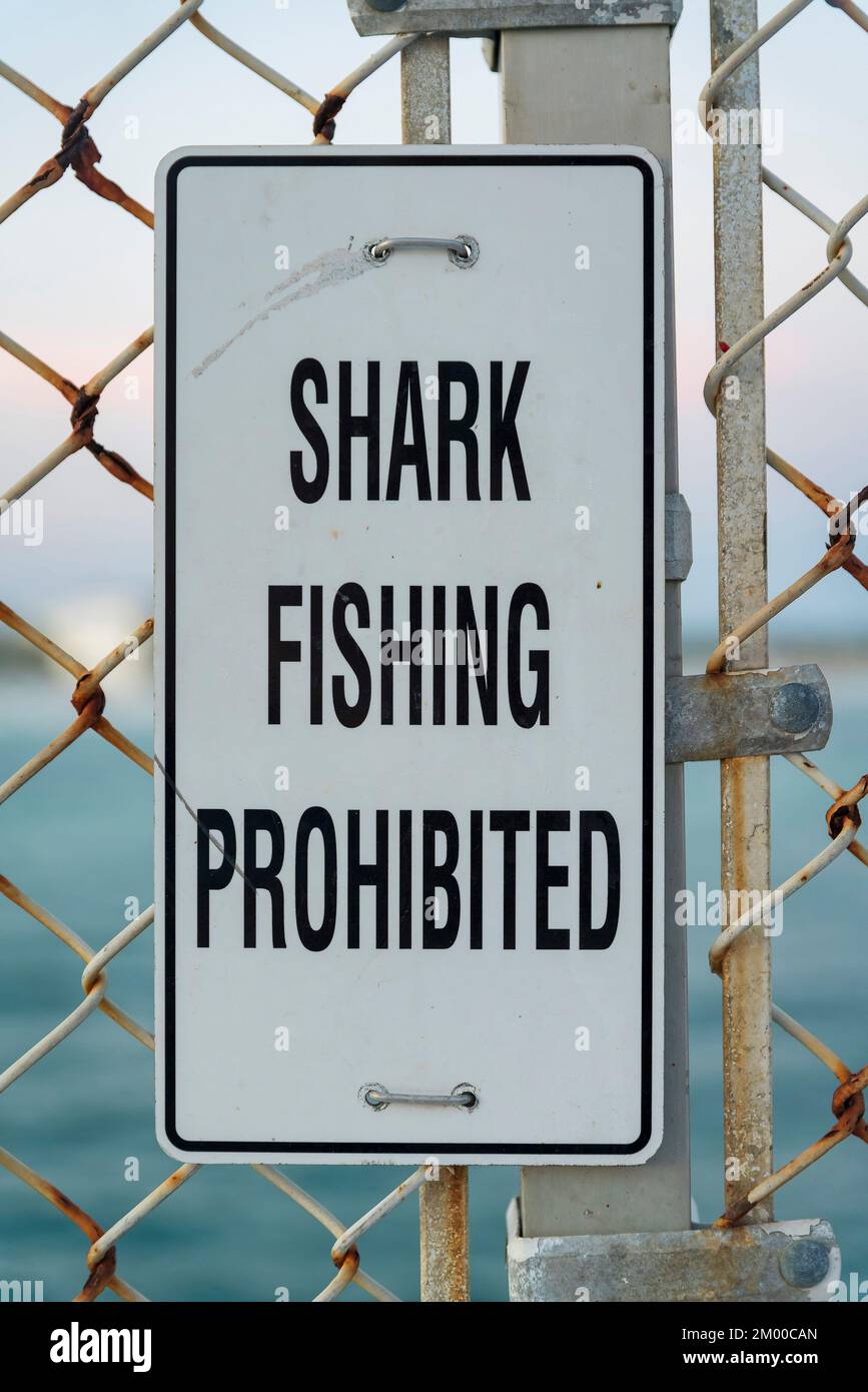 Shark Fishing Prohibited sign board at a pier with ocean view in Destin ...