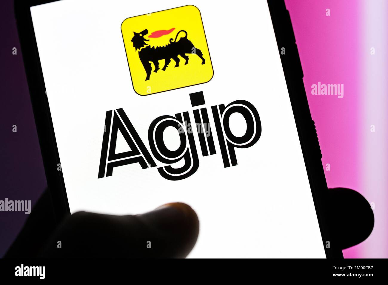 In this photo illustration an Agip logo seen displayed on a smartphone ...