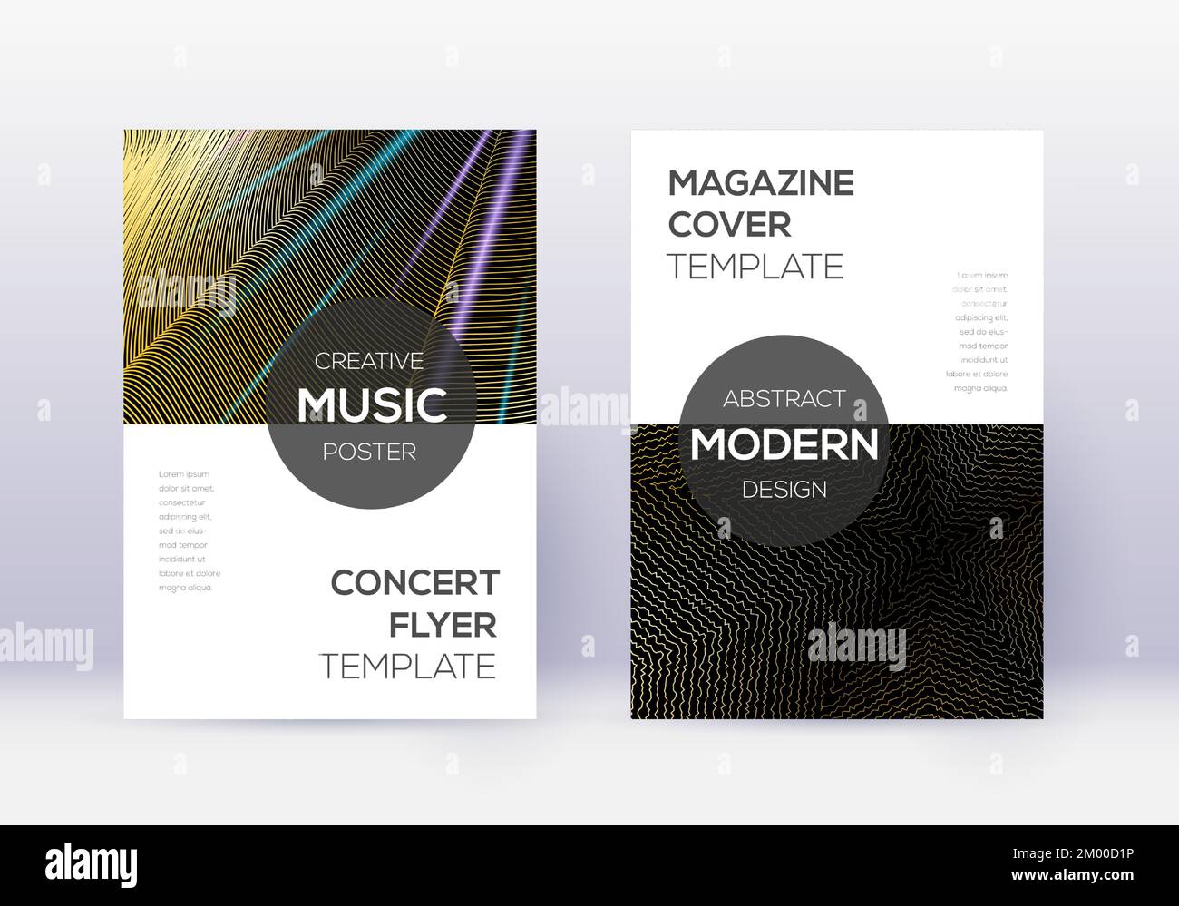 Modern cover design template set. Gold abstract lines on black ...