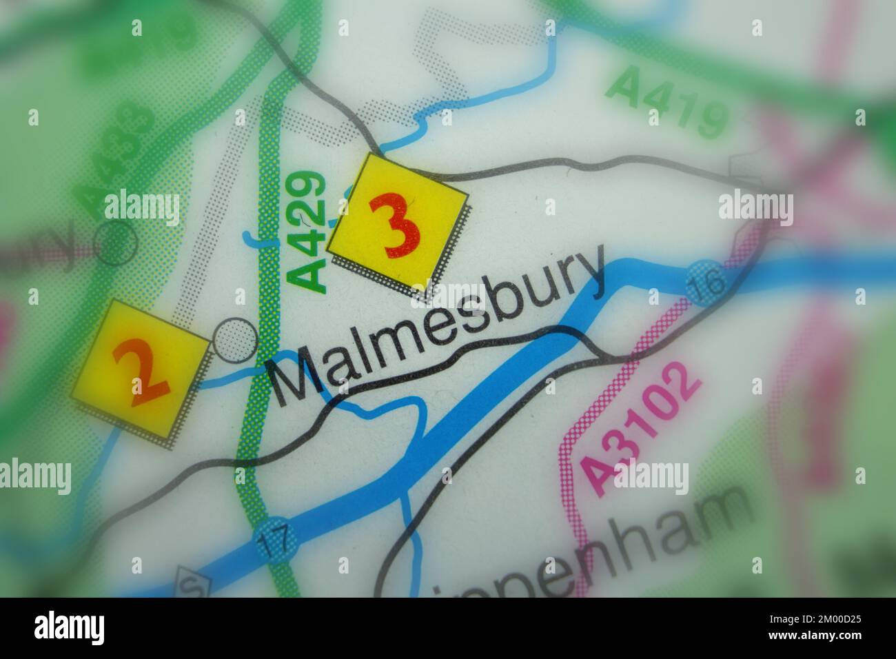 Malmesbury, United Kingdom atlas map town name - tilt-shift Stock Photo ...