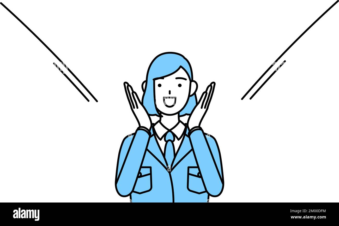 Simple line drawing illustration of a woman in work wear calling out ...