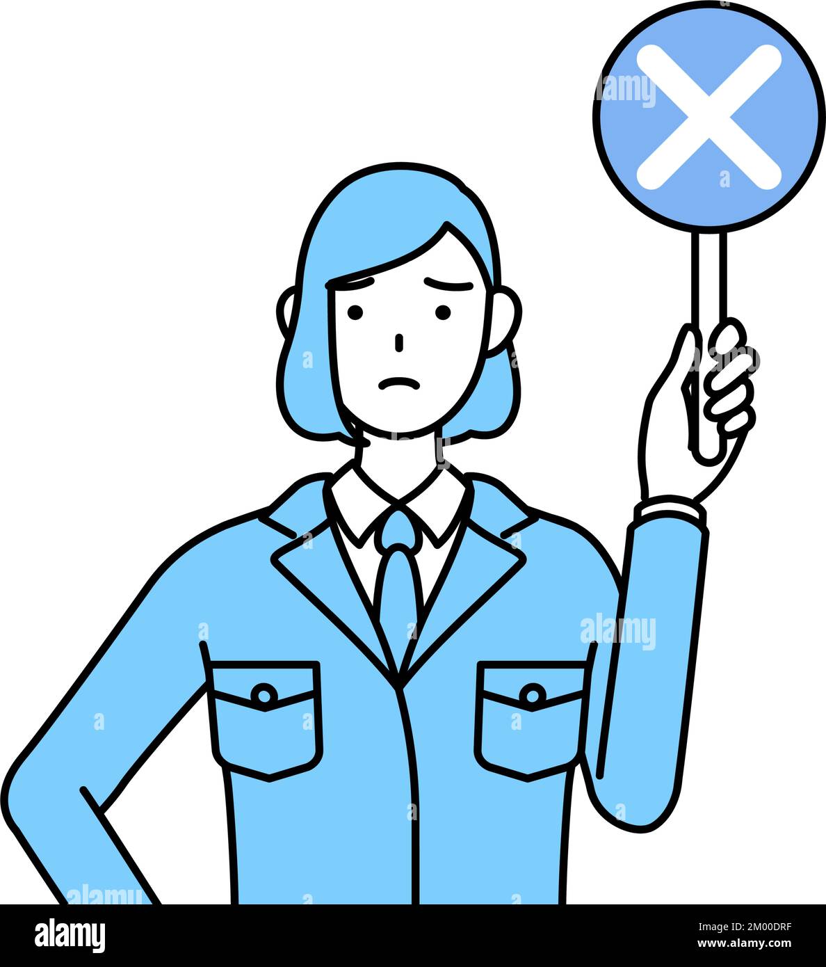 Simple line drawing illustration of a woman in work wear holding a bar ...