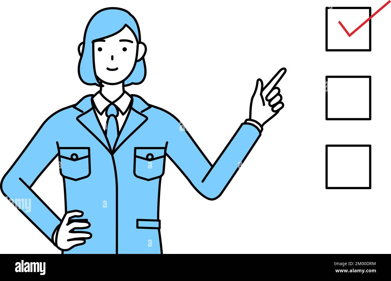 Simple line drawing illustration of a woman in work wear pointing to a ...