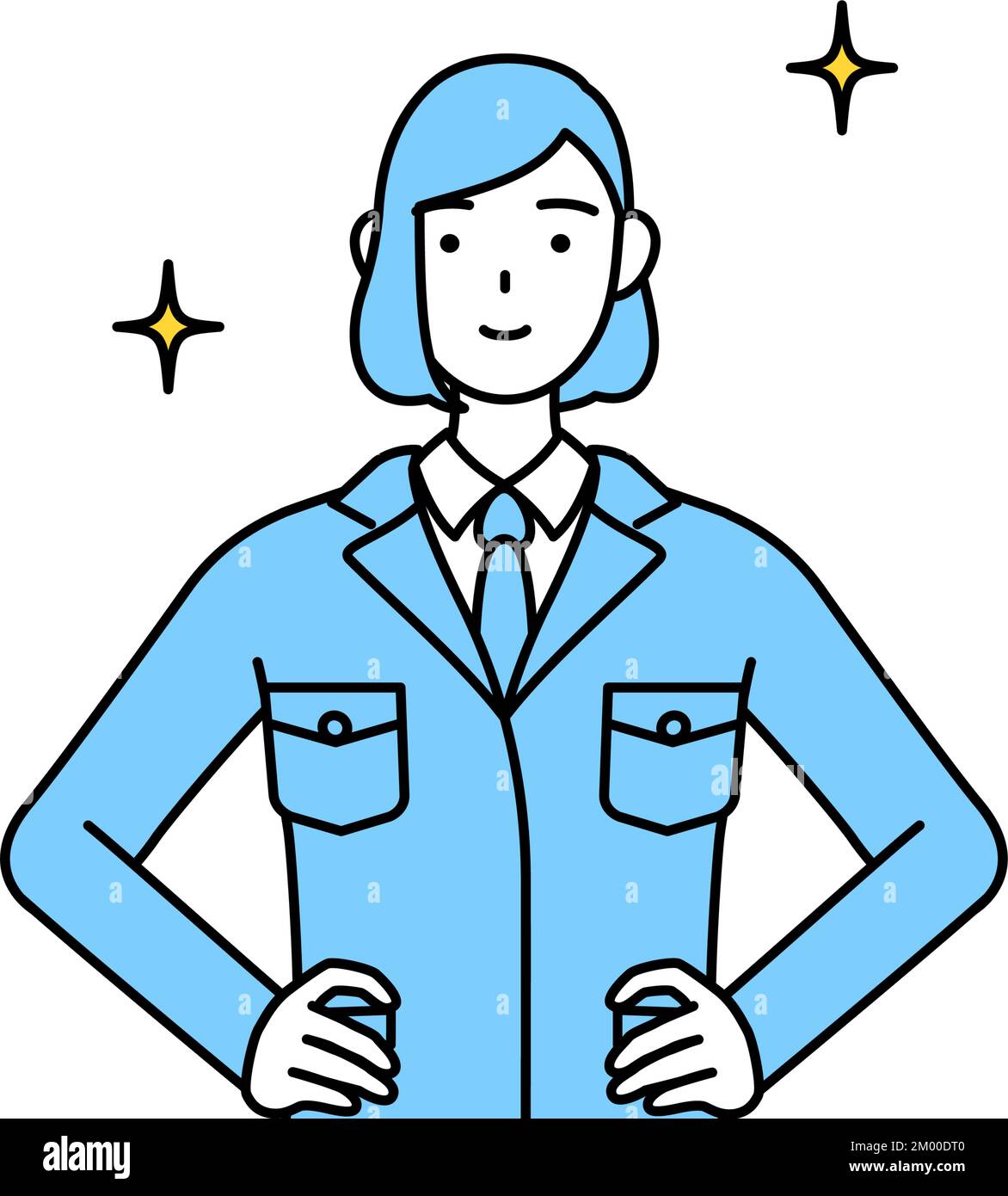 Simple line drawing illustration of a woman in work wear with his hands ...