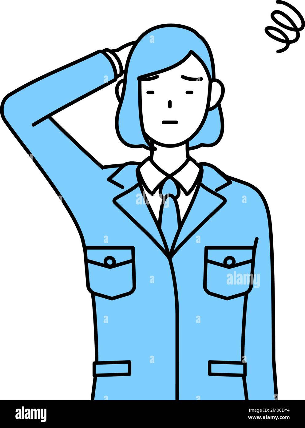 Simple line drawing illustration of a woman in work wear scratching his ...