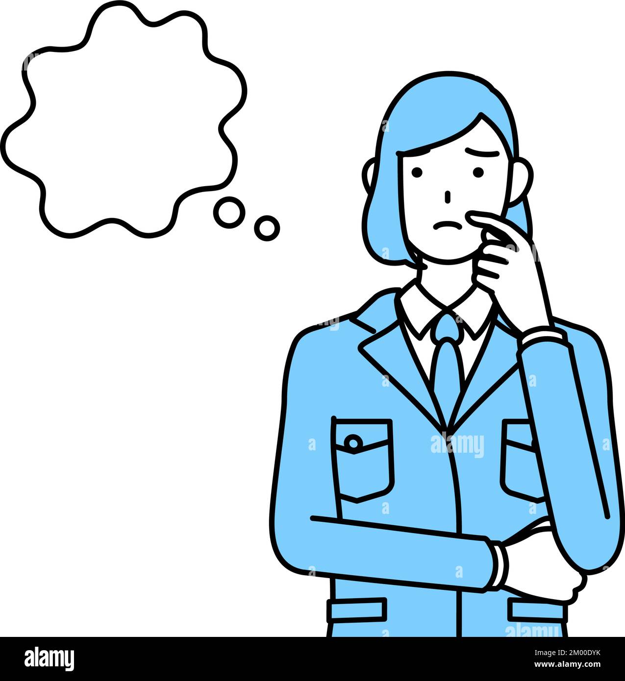 Simple line drawing illustration of a woman in work wear thinking while ...
