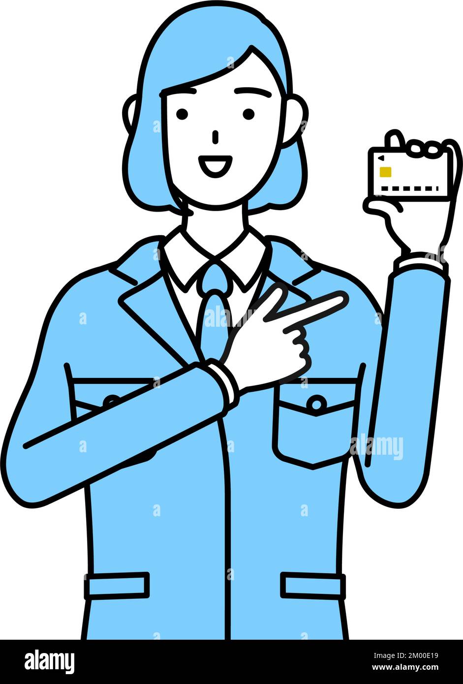 Simple line drawing illustration of a woman in work wear recommending ...