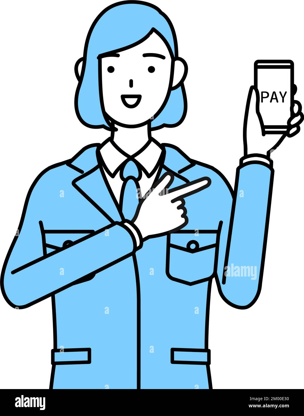 Simple line drawing illustration of a woman in work wear recommending ...