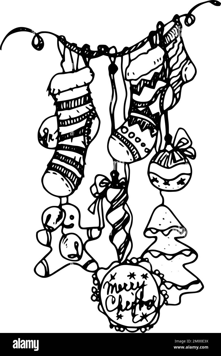 Illustration of Artistic Doodle Icon.Christmas Stocking, Balls on Rope ...