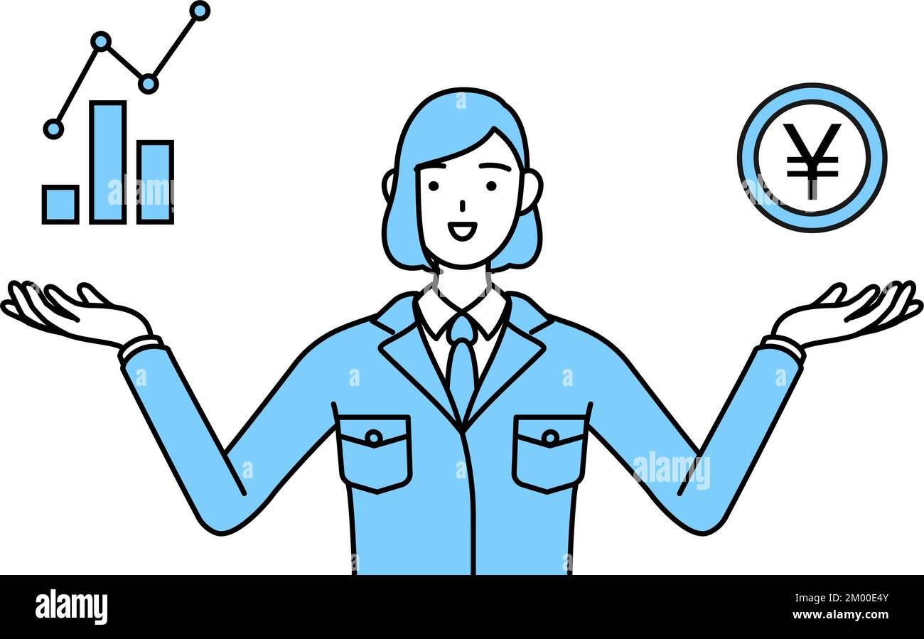 Simple line drawing illustration of a woman in work wear guiding an ...