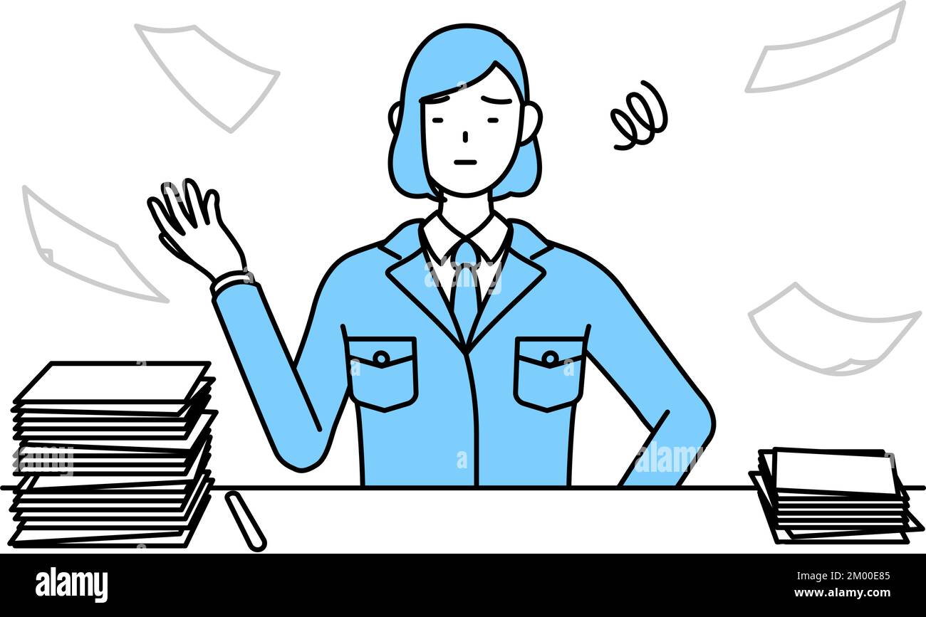 Simple line drawing illustration of a woman in work wear who is fed up ...