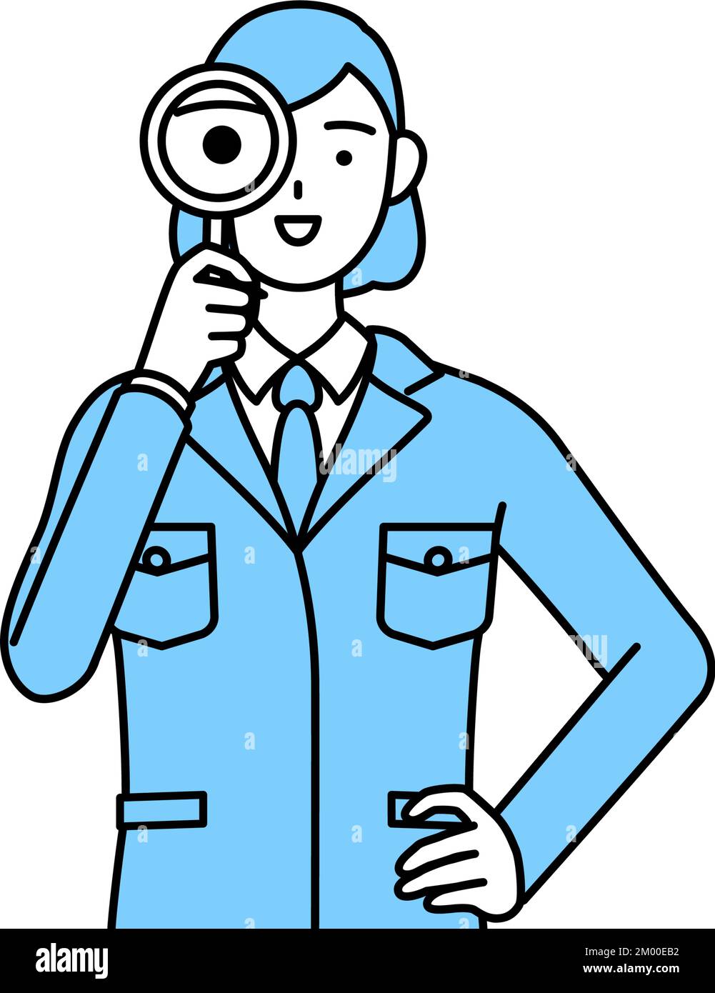 Simple line drawing illustration of a woman in work wear looking ...
