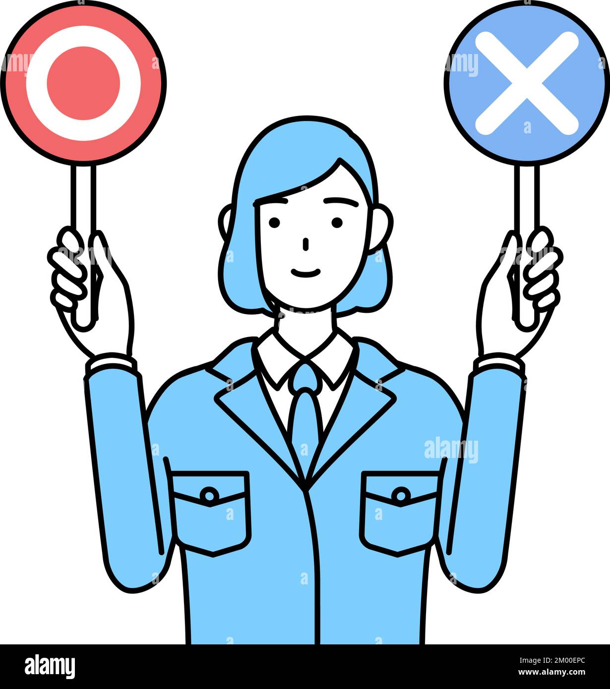 Simple line drawing illustration of a woman in work wear holding a ...