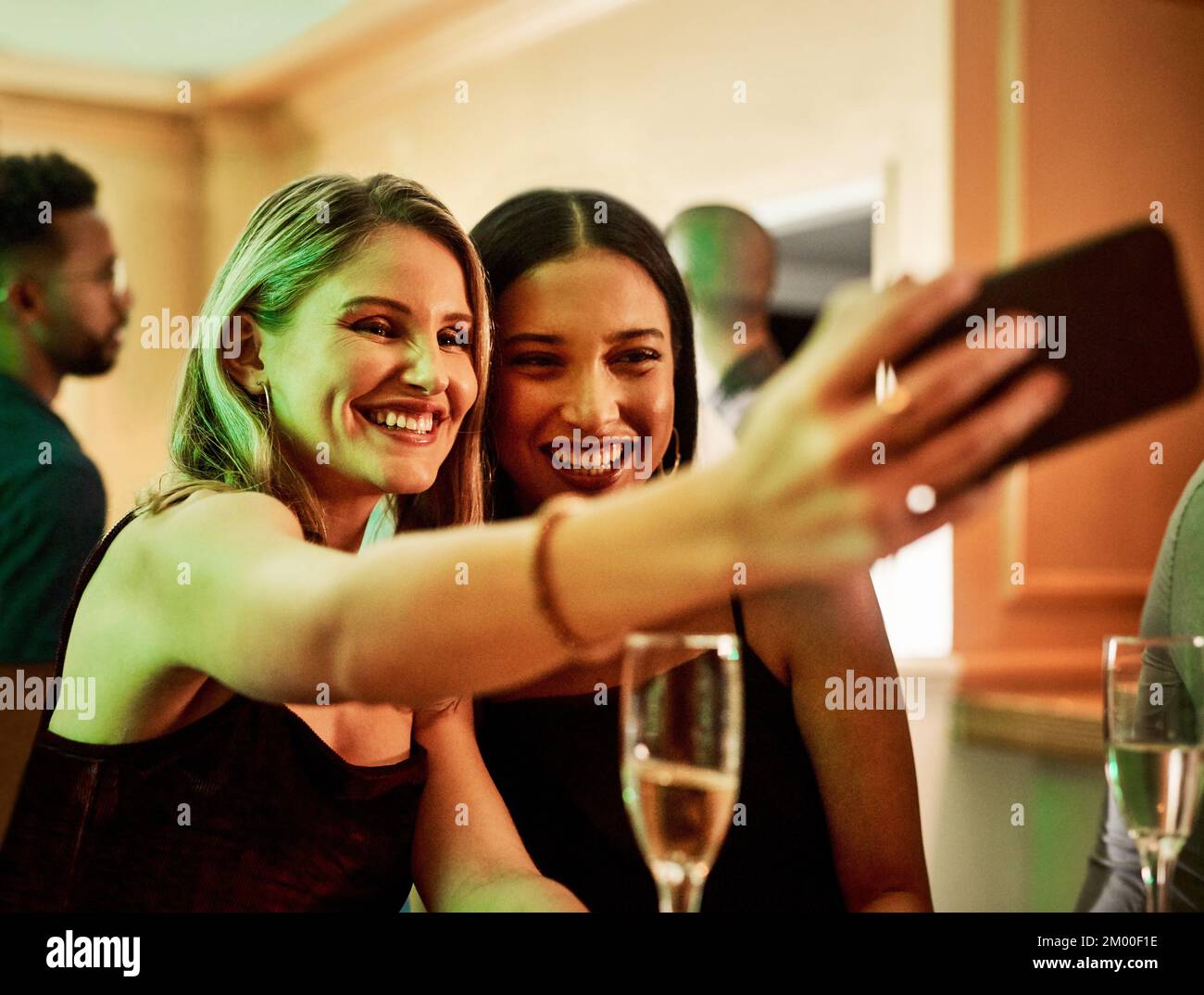 Party, phone or friends taking a selfie for social media content or to ...