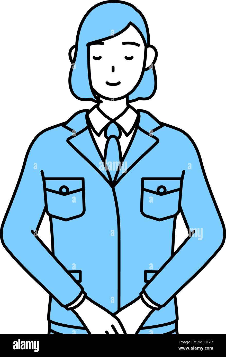 Simple line drawing illustration of a woman in work wear lightly bowing ...