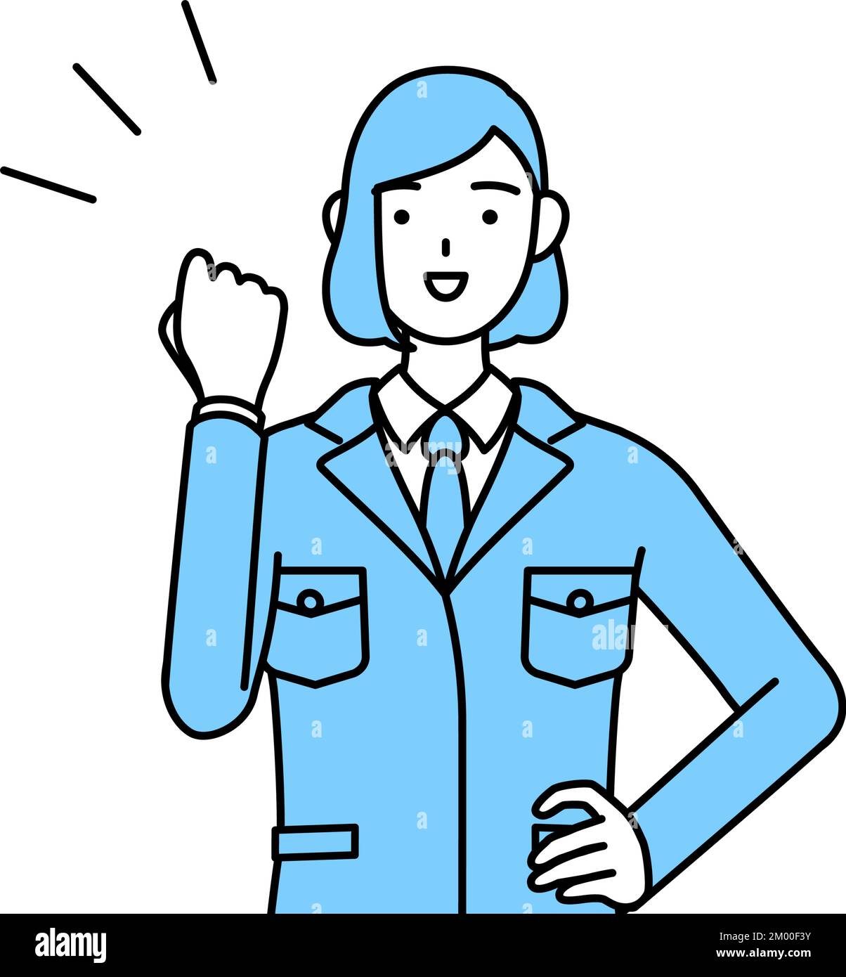 Simple line drawing illustration of a woman in work wear posing with ...