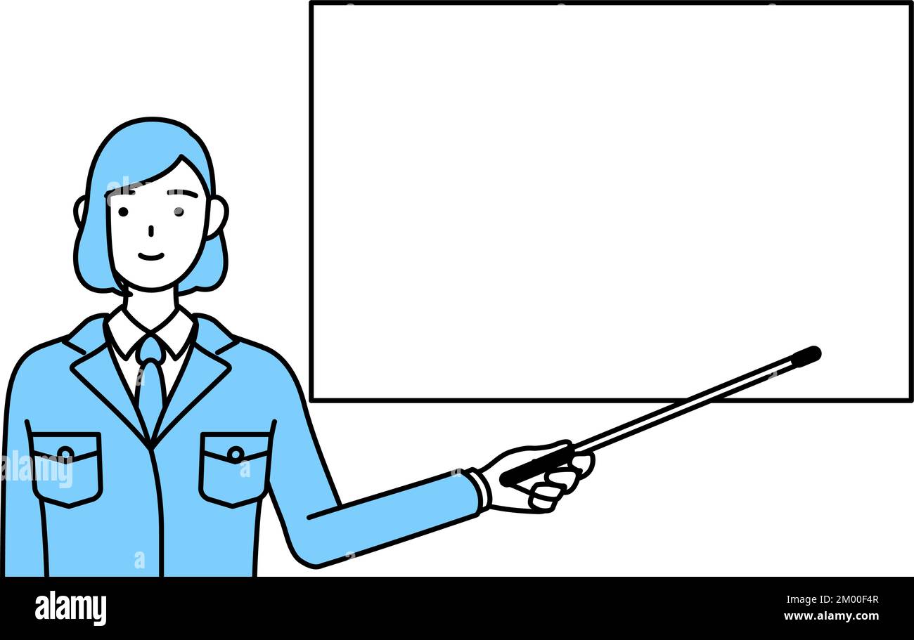 Simple line drawing illustration of a woman in work wear pointing at a ...