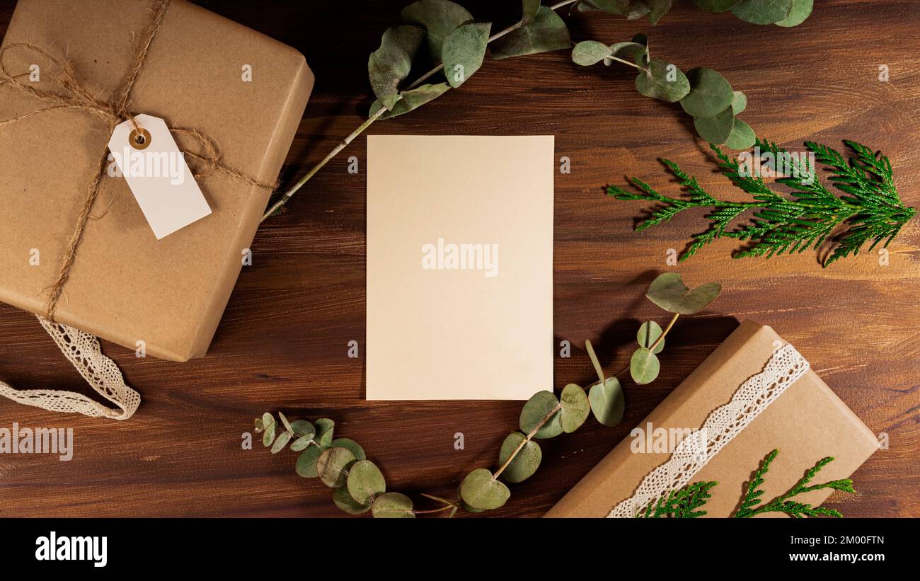 postcard in vertical format, on a wood background. For ecommerce or ...
