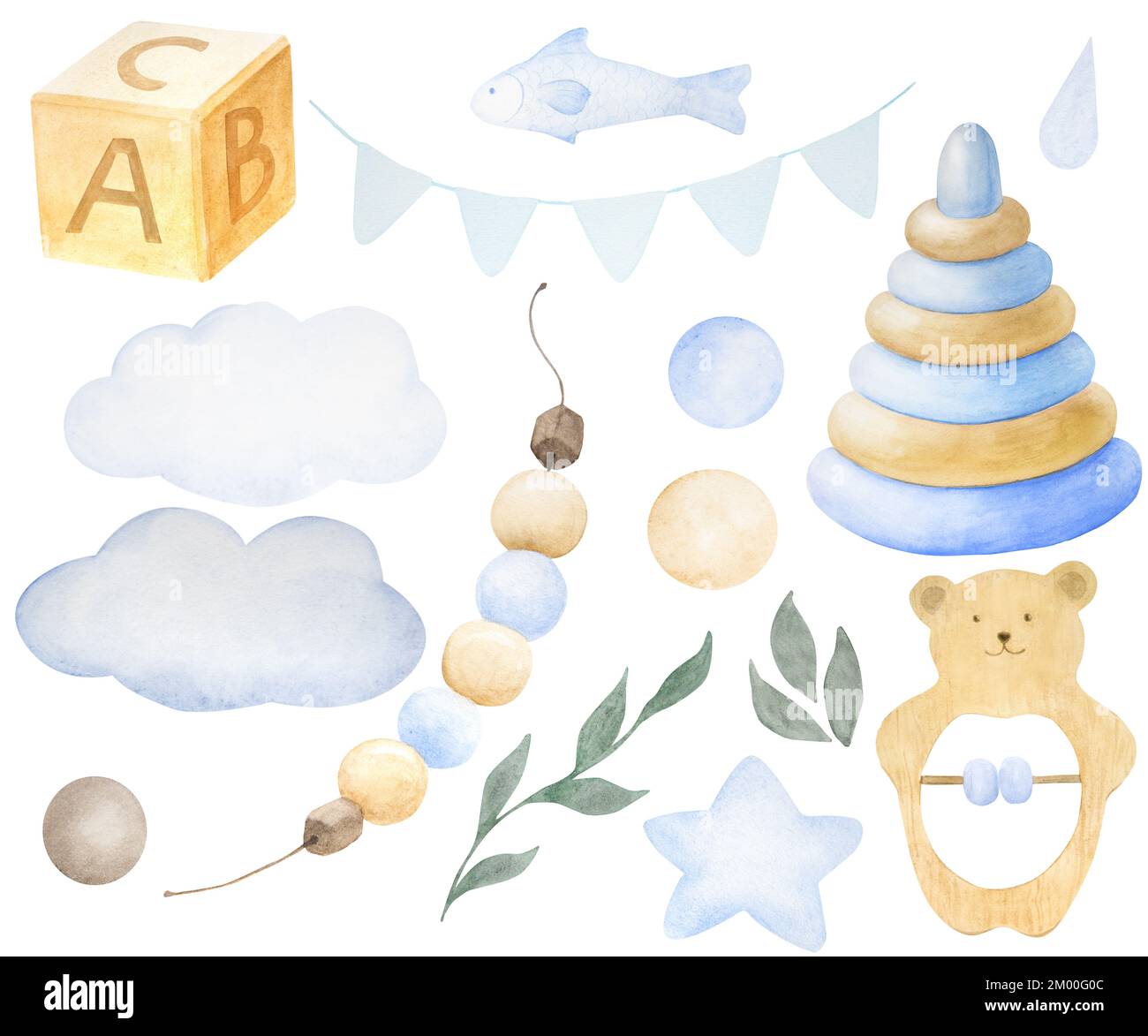 Set of children's toys in blue and beige colors, isolated on white ...