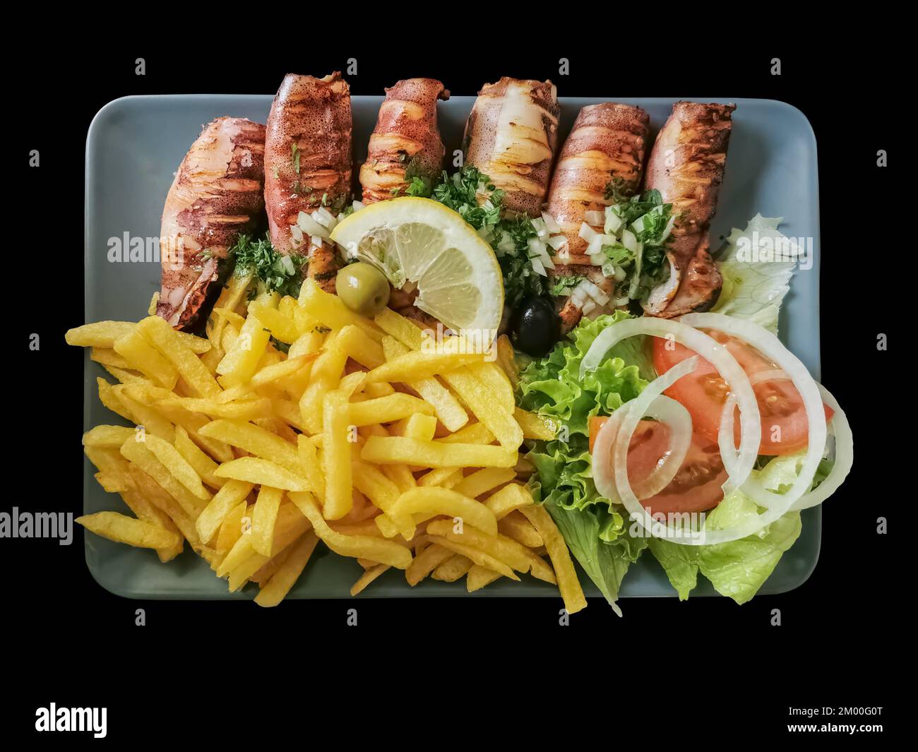 View of plated food, Healthy grilled cuttlefish dish stuffed with ...