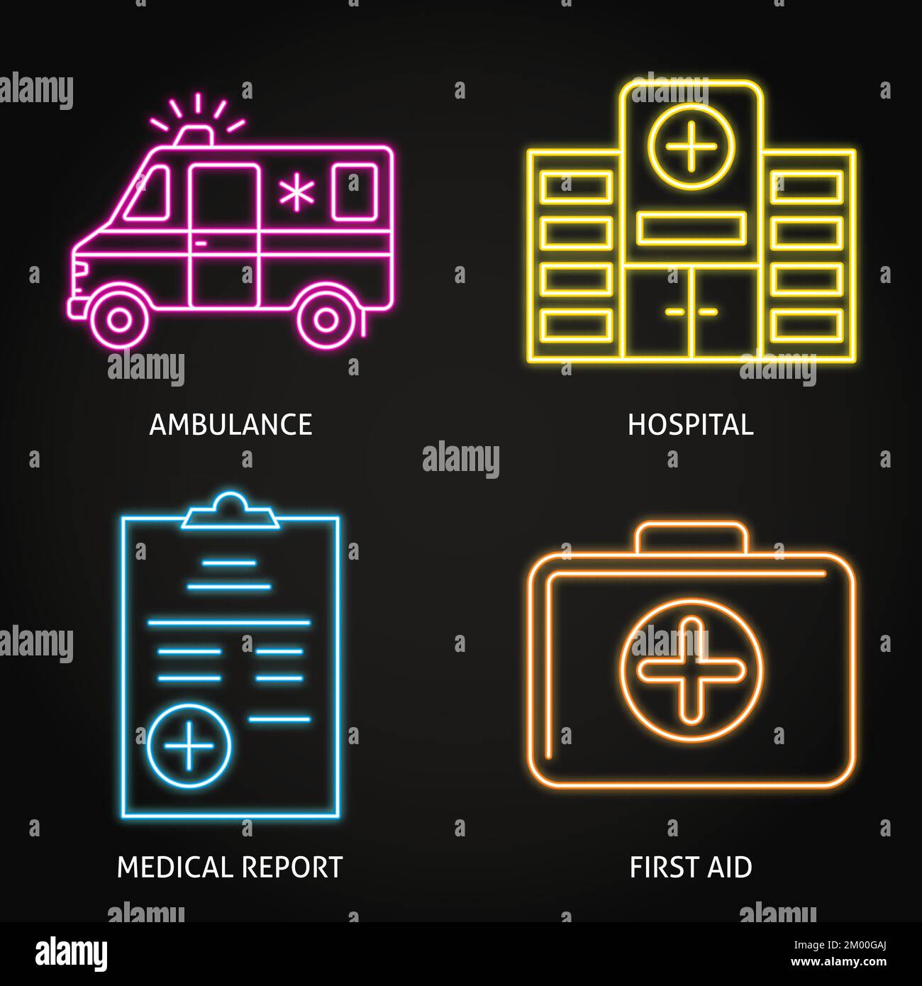 Ambulance and hospital neon icon set. Medical clinic, first aid symbols. Vector illustration ...