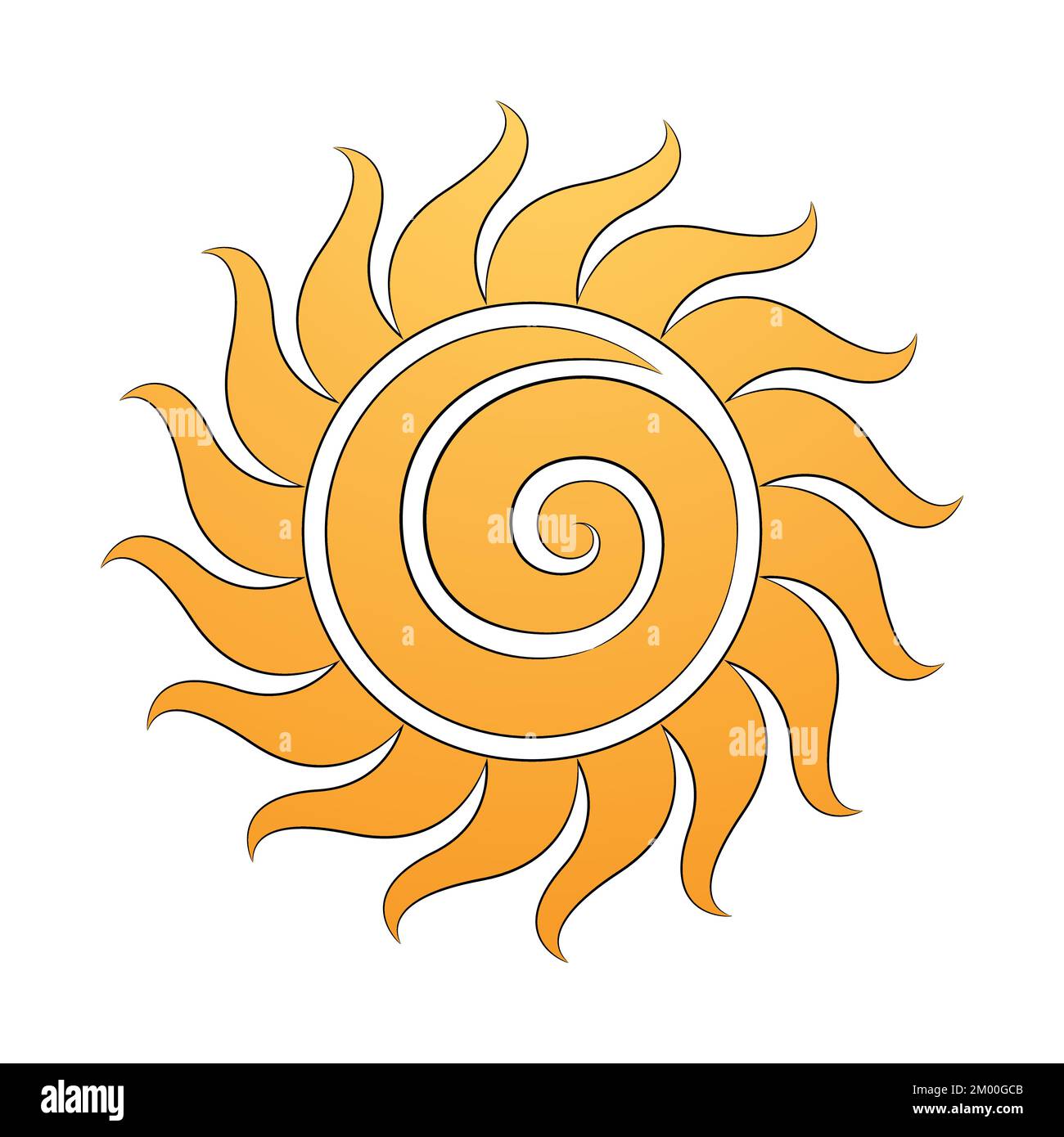 Illustration of Curvy Yellow Spiral Sun Icon with Black Outlines ...