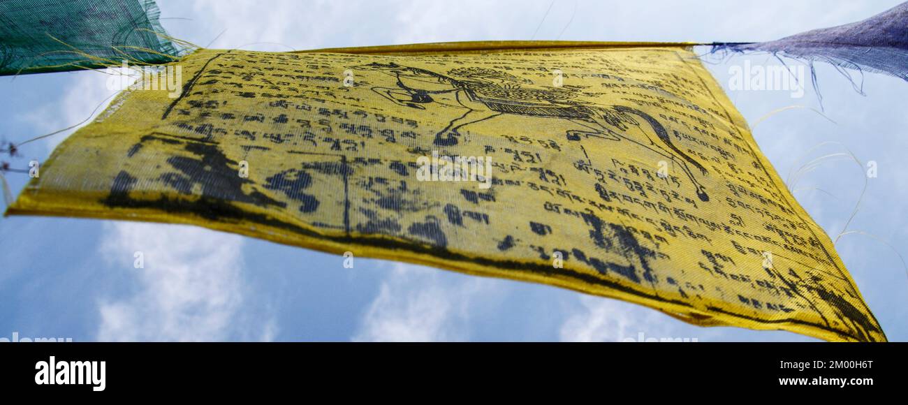 Horizontal banner or header with Buddhist tibetan prayer flags waving ...