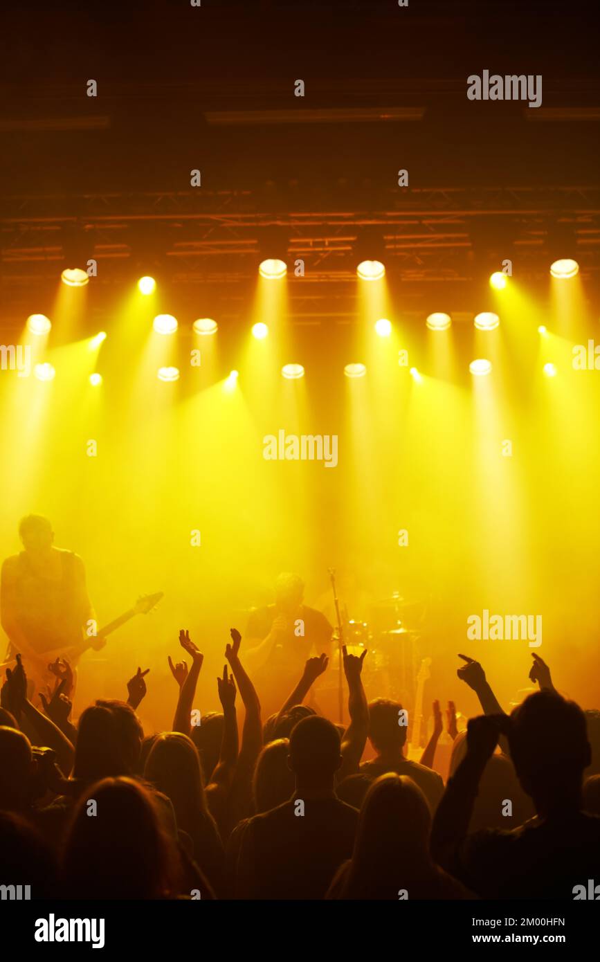 Concert, party and music with a crowd or audience of people watching a ...